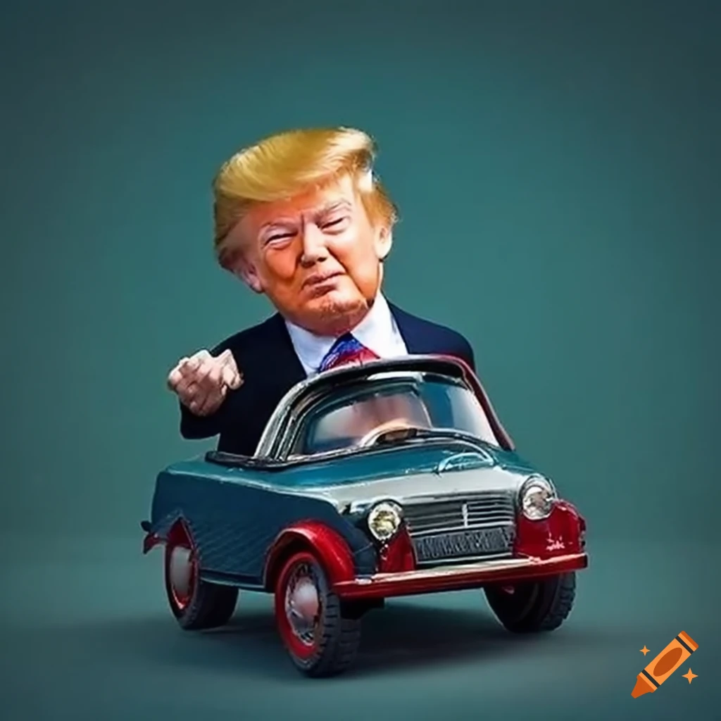 Humorous picture of Donald Trump driving a toy car on Craiyon