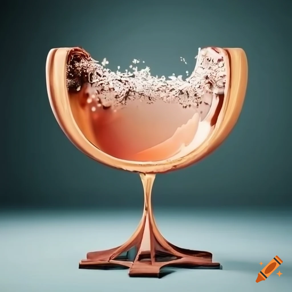 Surrealistic pastries on a table with complex wine glasses and mirror ...