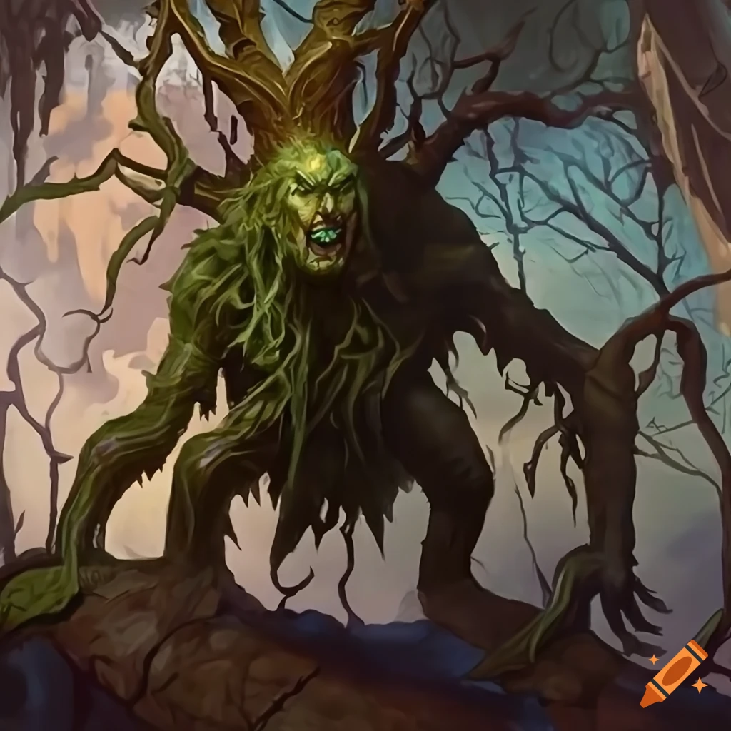 Sylvaneth wooden tree dryad playing drums in a rock band on Craiyon