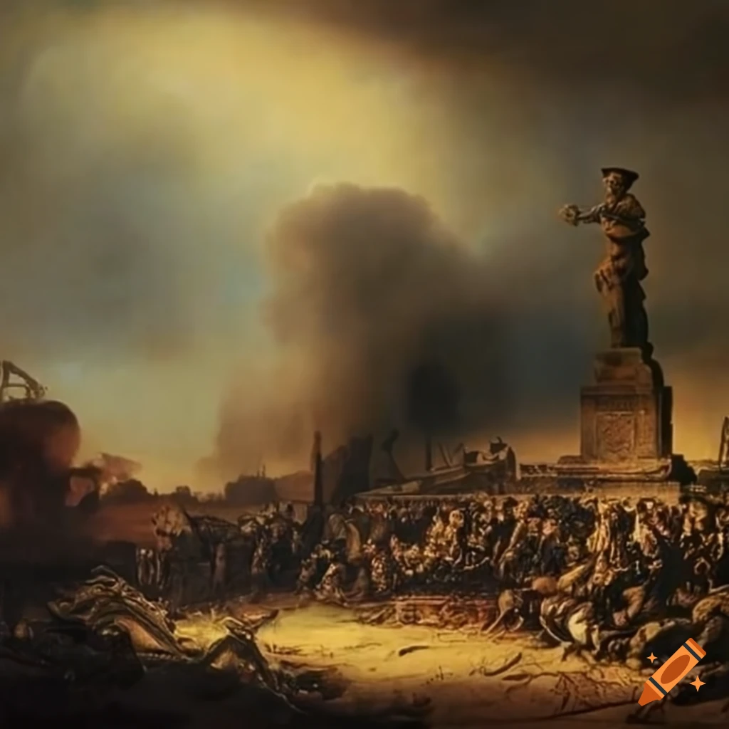 Rembrandt-style artwork depicting a dramatic scene from wwii on Craiyon