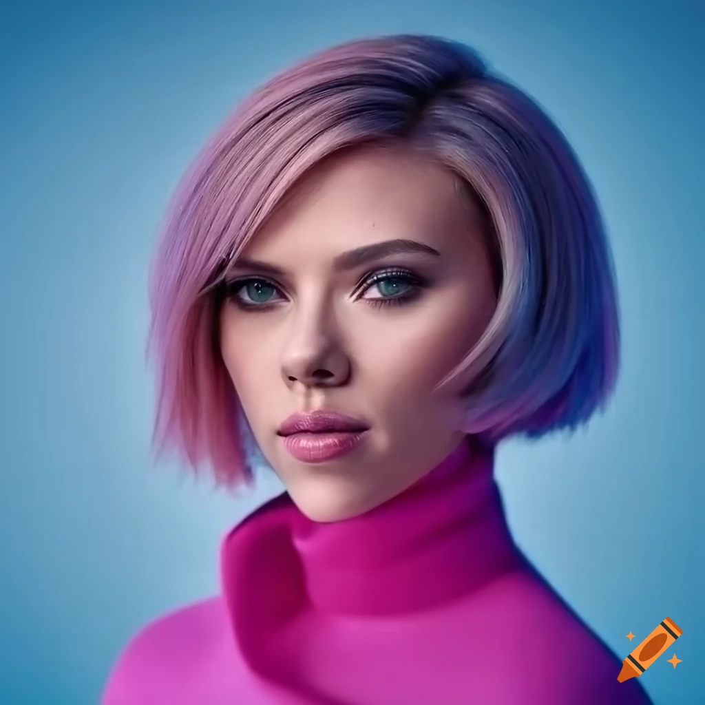 Scarlett johansson with a bob haircut and violet turtleneck on Craiyon
