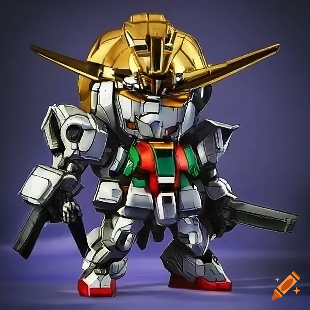 Chibi gundam robot with metallic armor and jetfighter wings on Craiyon