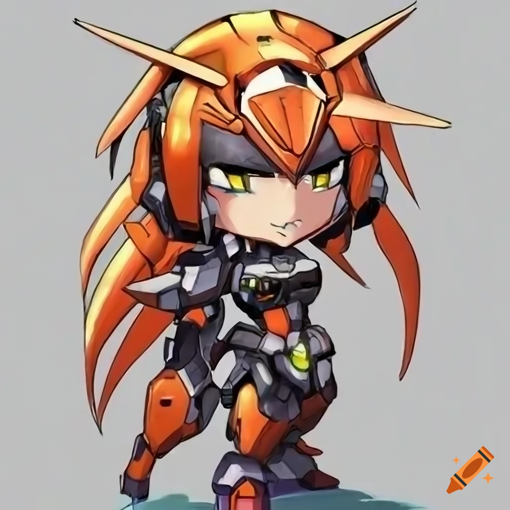 Chibi gundam robot with orange and white armor