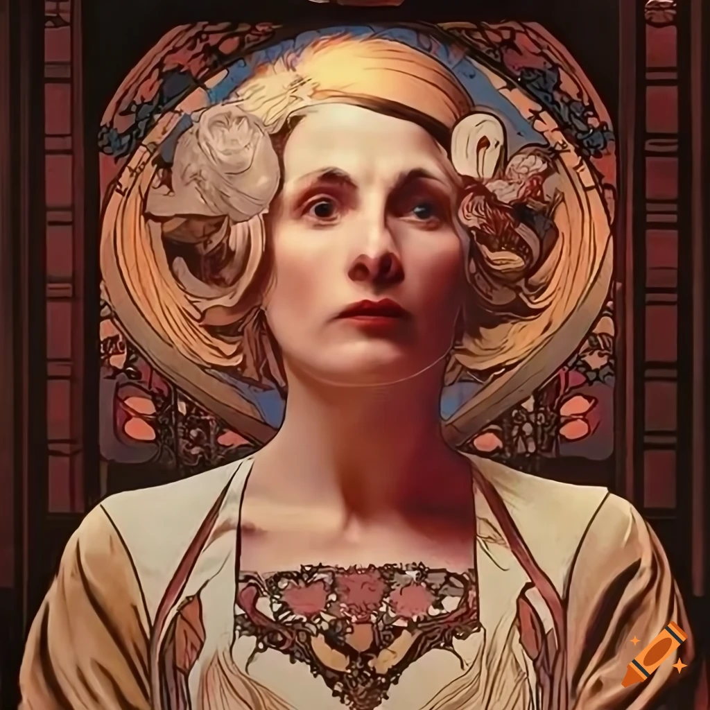 Drew barrymore portrayed in mucha style on Craiyon