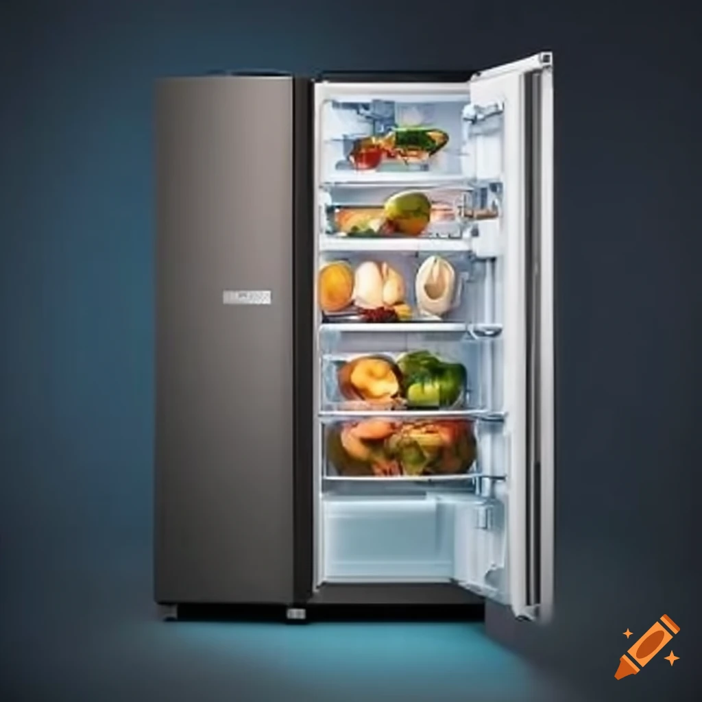 Open fridge with various shelves and contents on Craiyon