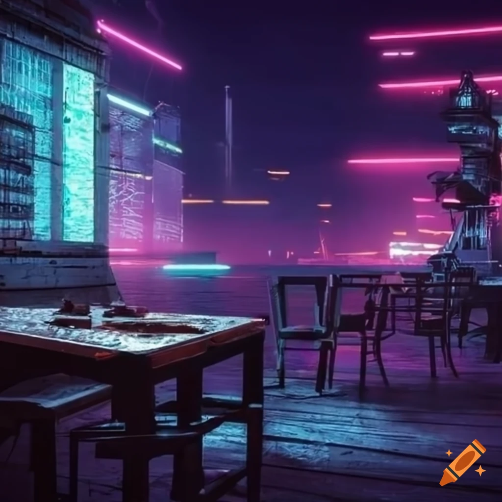 Night view of cyberpunk ship's railing with chairs and tables on Craiyon