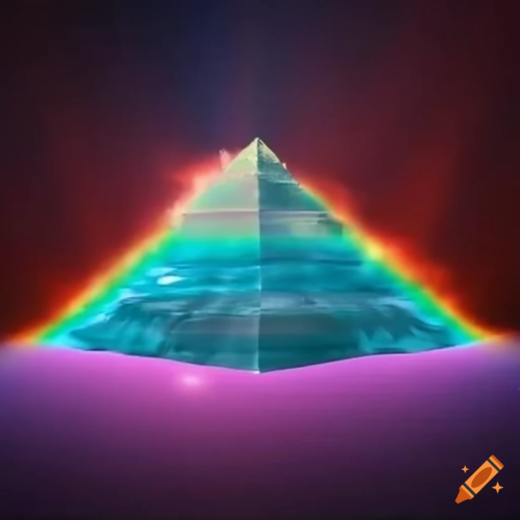 Colorful fantasy artwork with a floating eye inside a pyramid on Craiyon