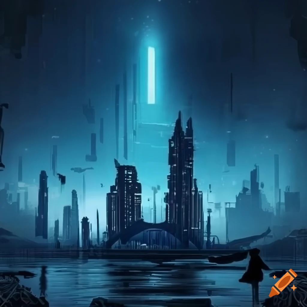 Image of a dark futuristic cityscape in blue
