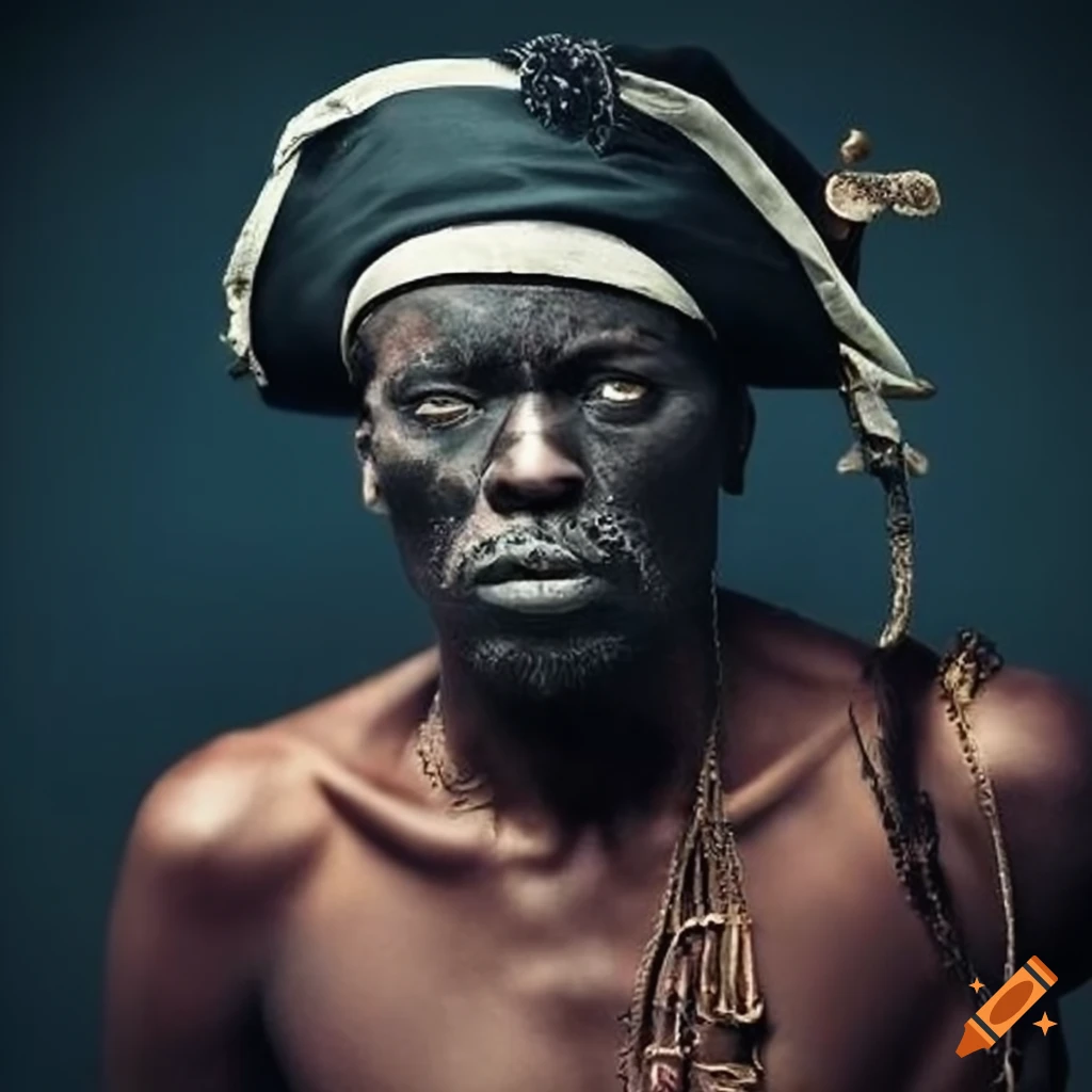 Illustration of a black pirate with a bandana and white shirt on Craiyon