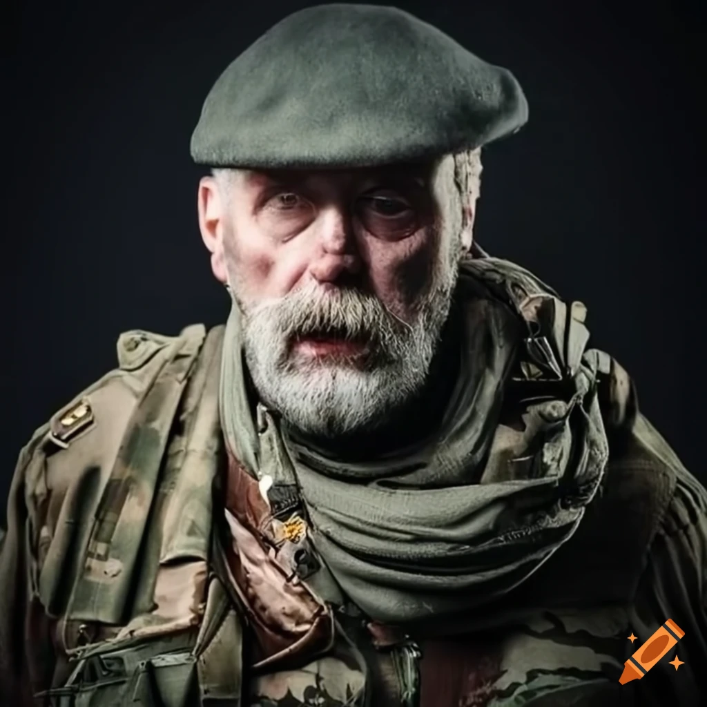 Portrait of a gray mustached army veteran in black fatigues on Craiyon