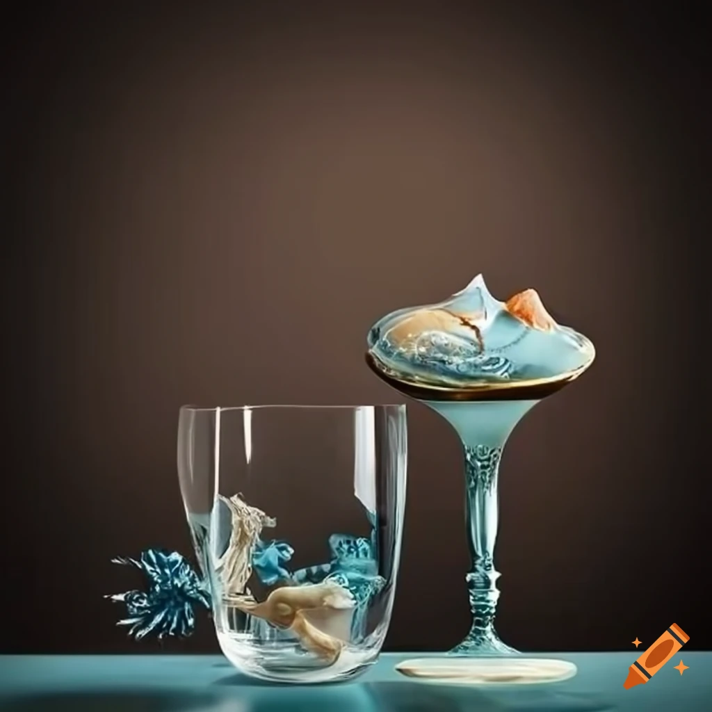 Surrealist pastries on a table with glasses and whimsical objects on ...