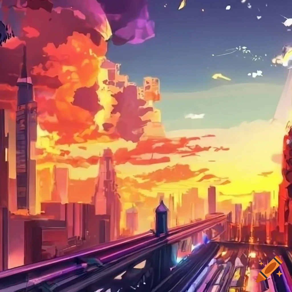 Anime-style futuristic city under a vibrant sky on Craiyon