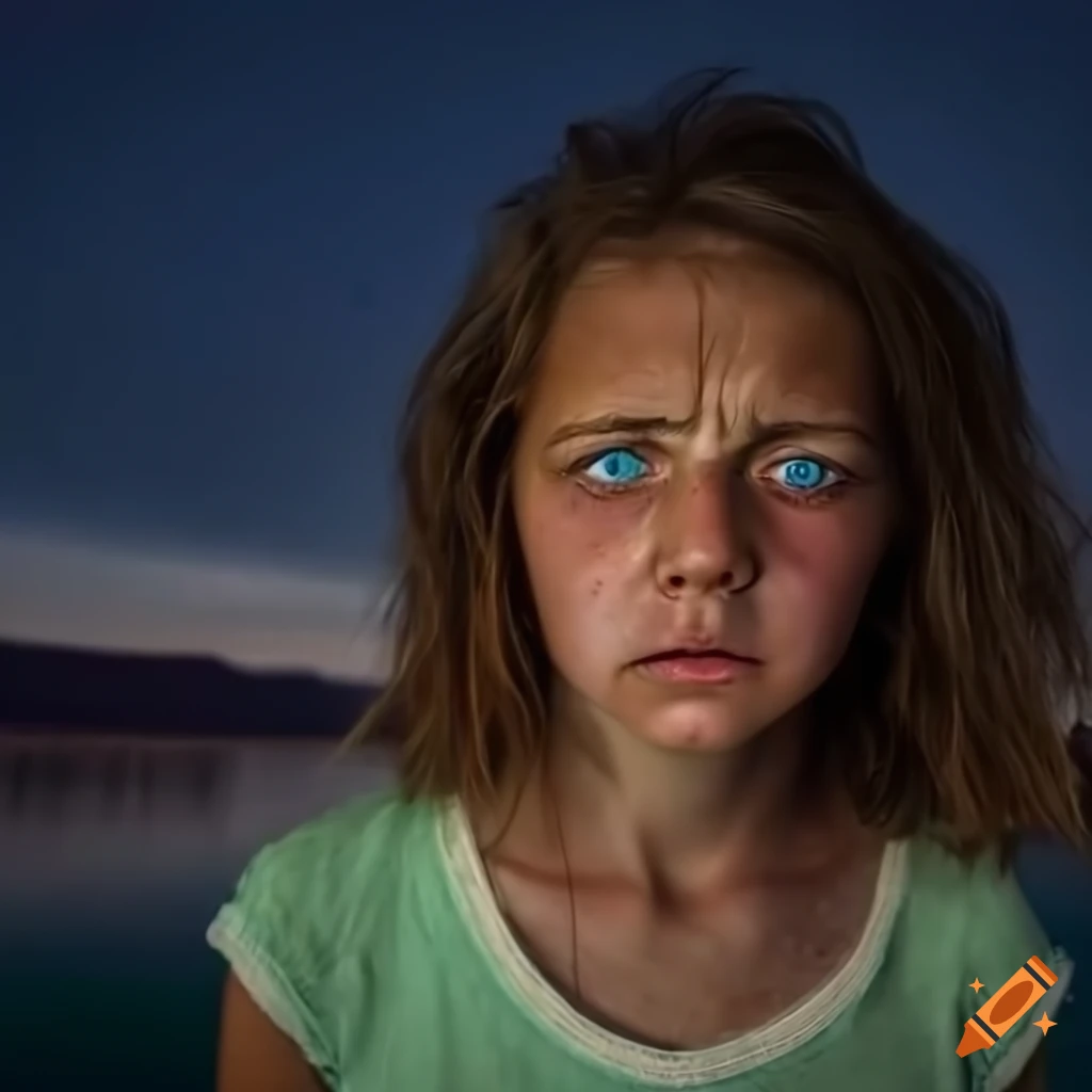 Photograph of a sad girl by the lake at night