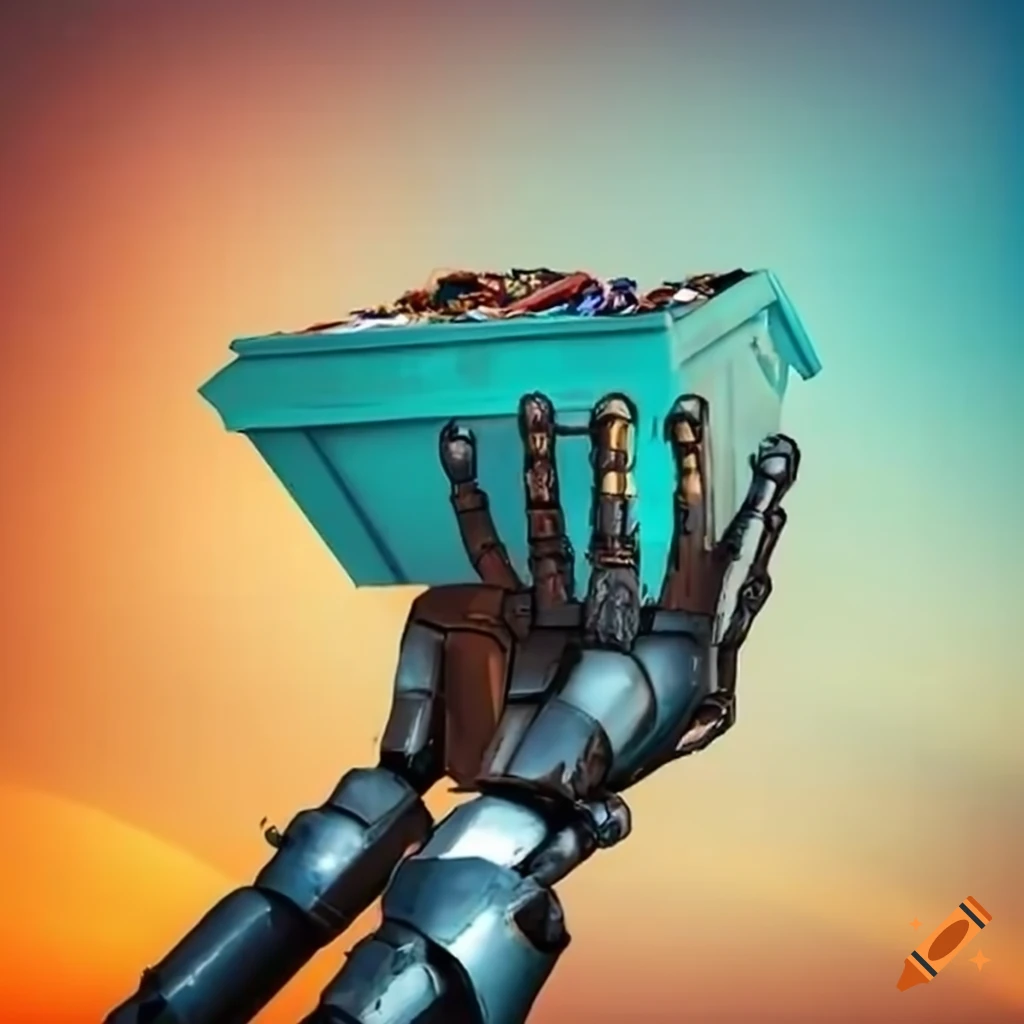 Image of a giant robot hand holding a dumpster over a landfill on Craiyon