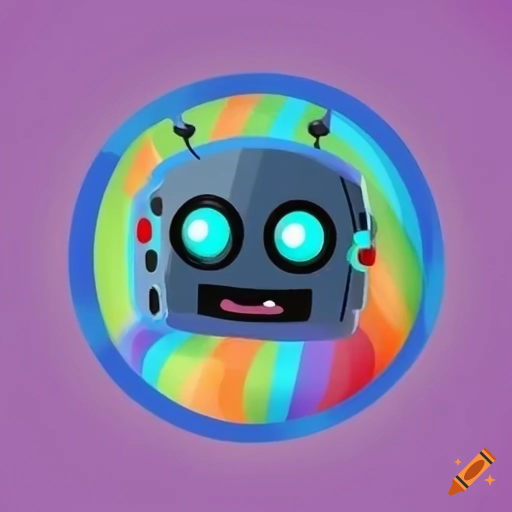 Cute smiling robot in a fluffy rainbow badge