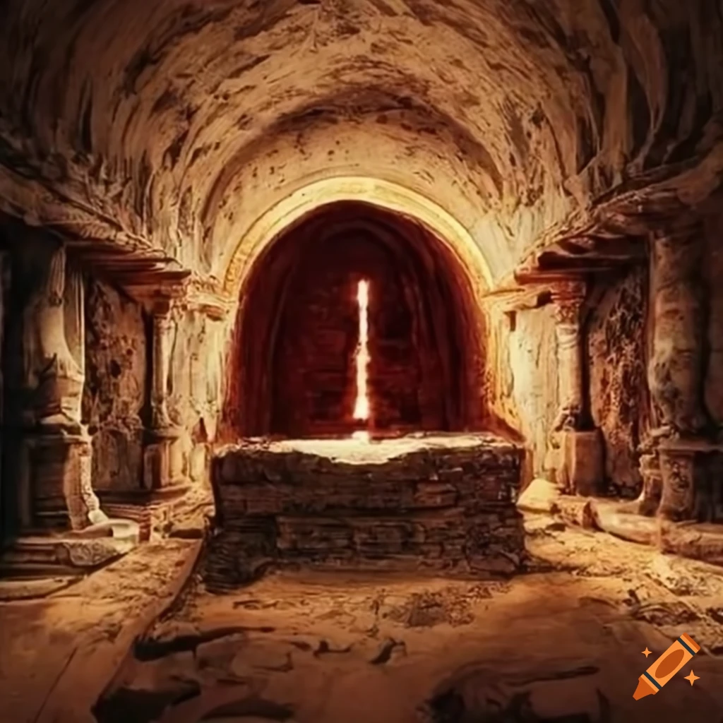 Cripta oscura con altar de piedra