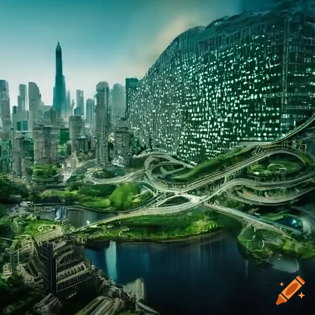 Green futuristic cityscape on Craiyon