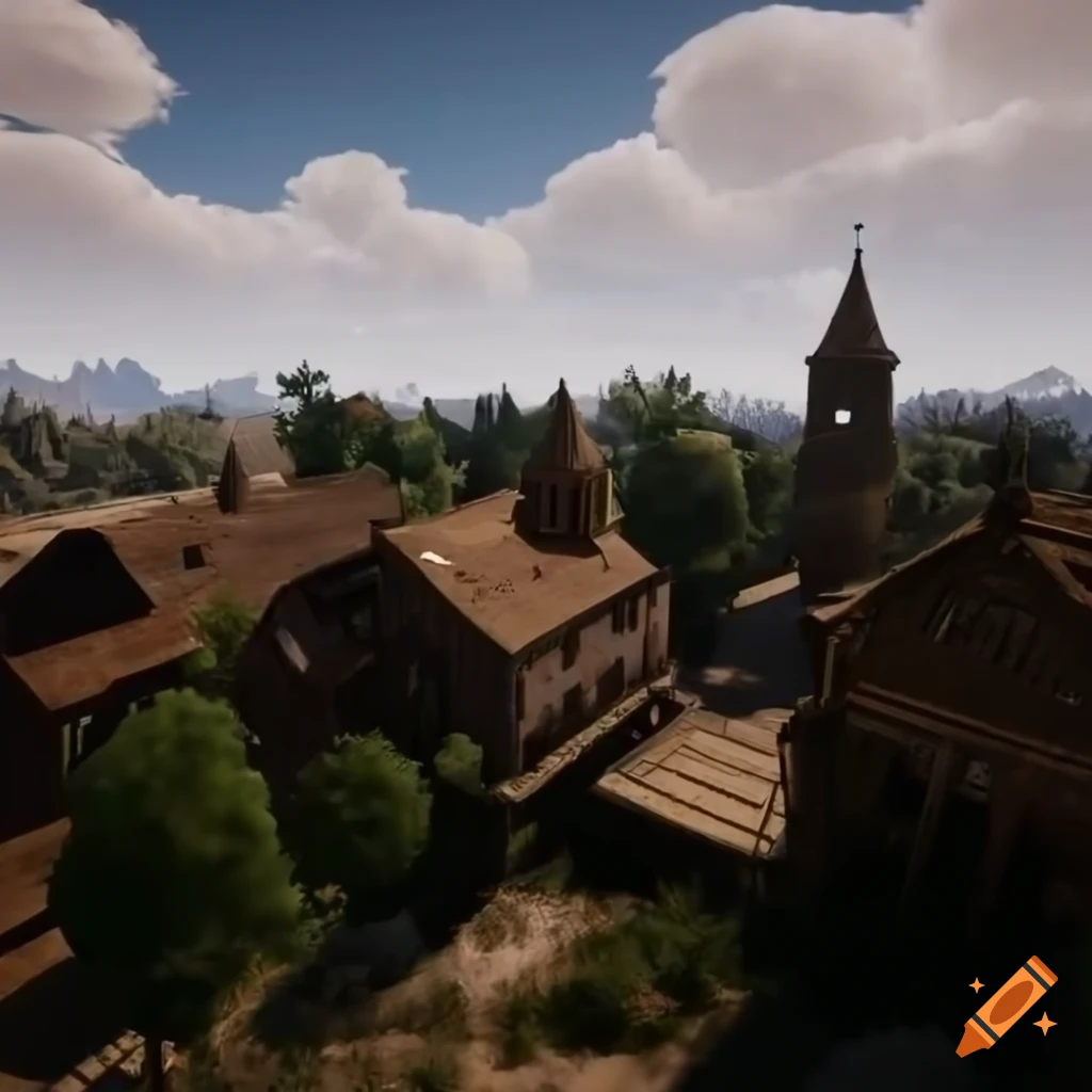 Aerial view of australian sci-fi village square with beige houses ...