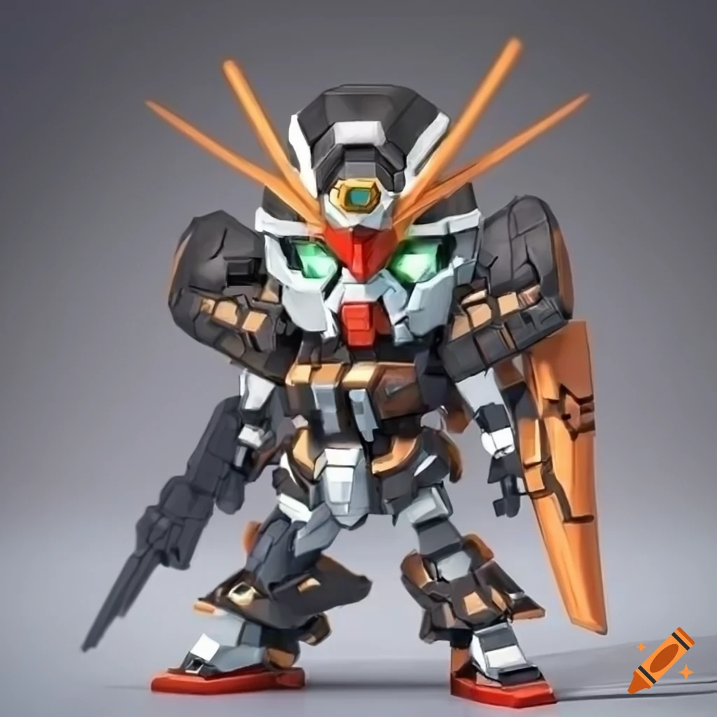Chibi gundam robot in black and orange armor on Craiyon