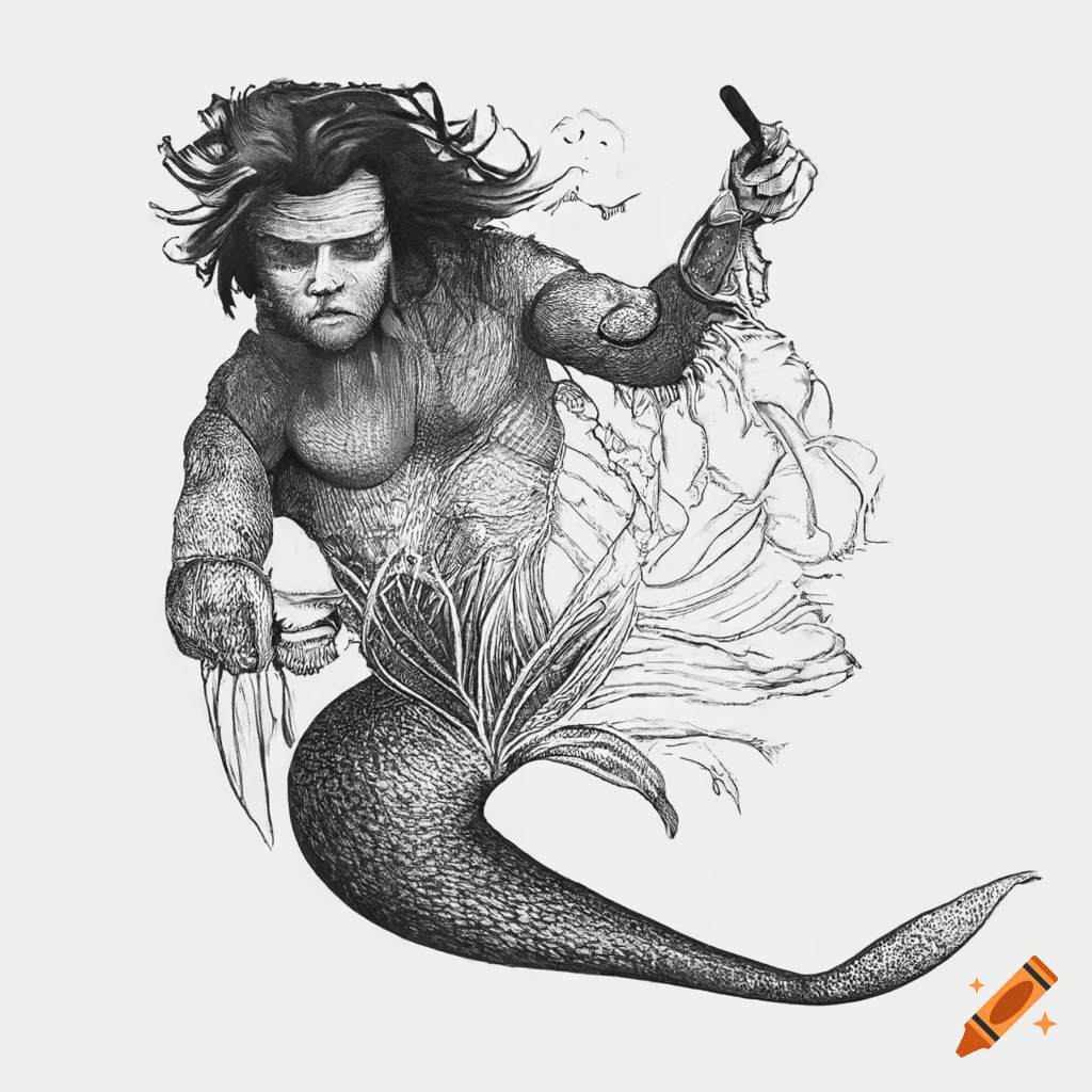 Detailed etching of a merman