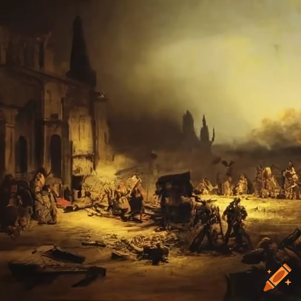Rembrandt-style artwork depicting a dramatic scene from wwii on Craiyon
