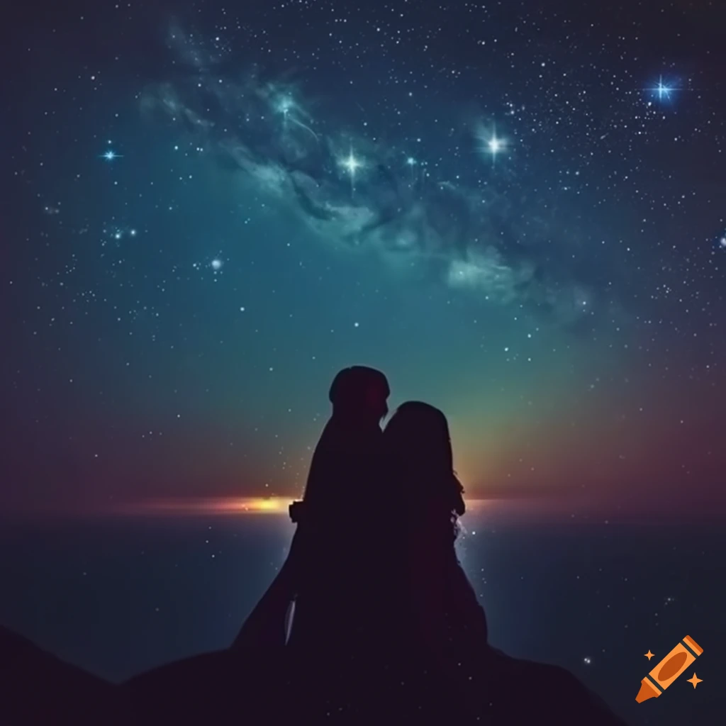 Romantic couple sitting under a starry sky at night on Craiyon
