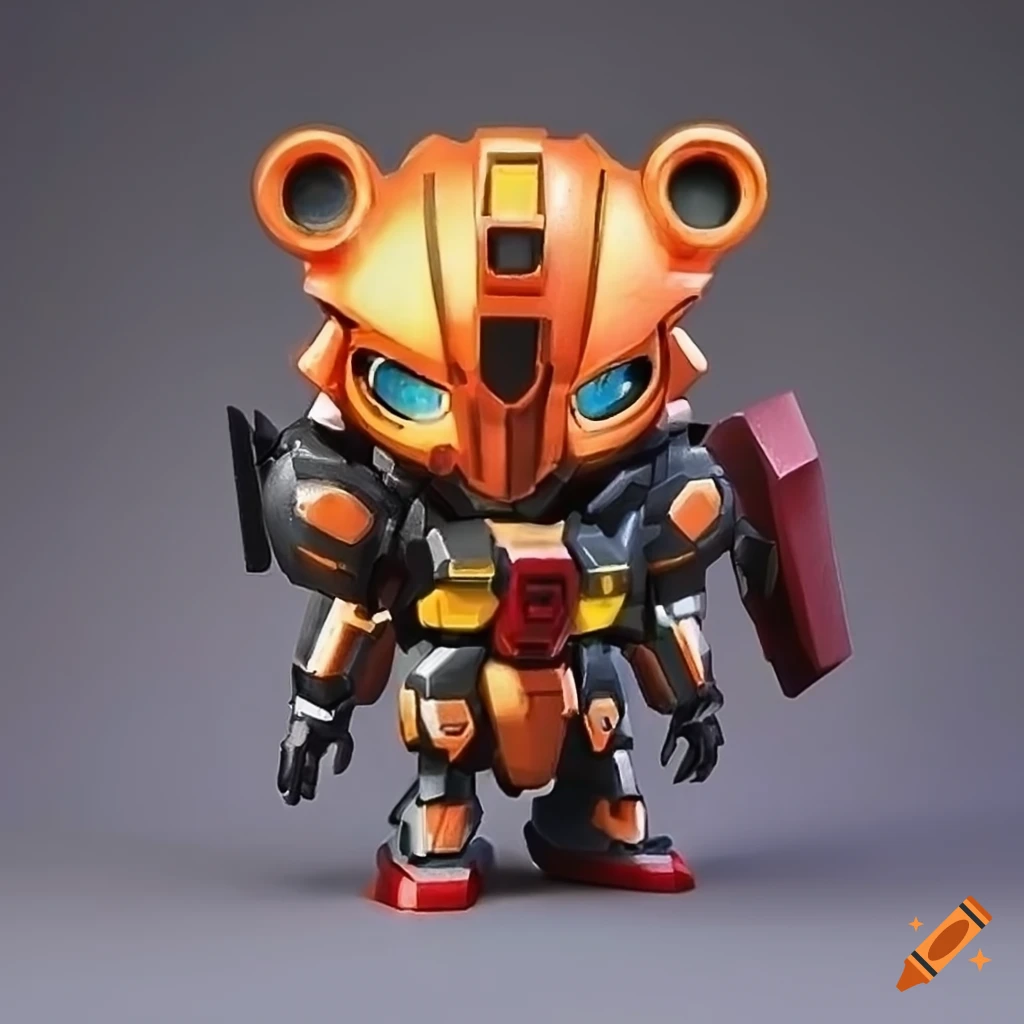 Chibi black and orange gundam robot with metallic armor on Craiyon