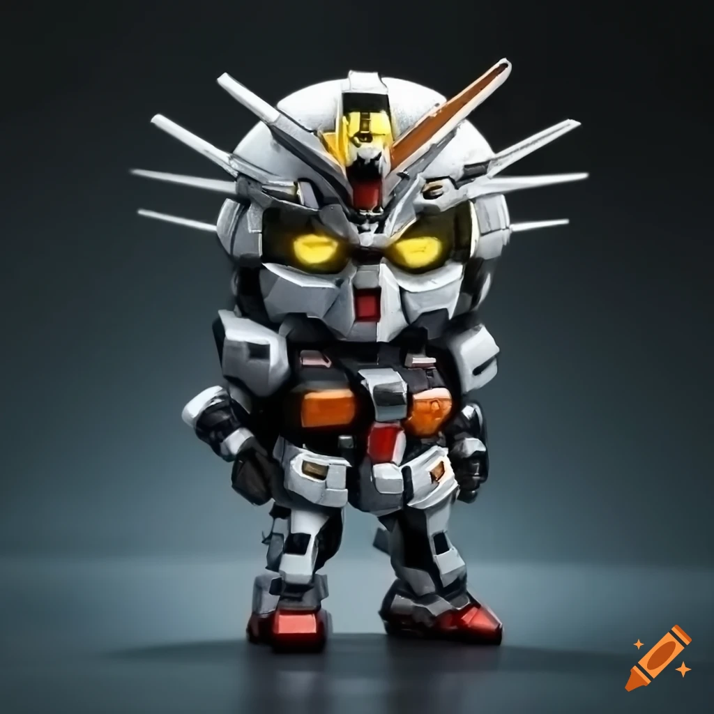 A cute chibi gundam robot, white and orange, standing, side view on Craiyon