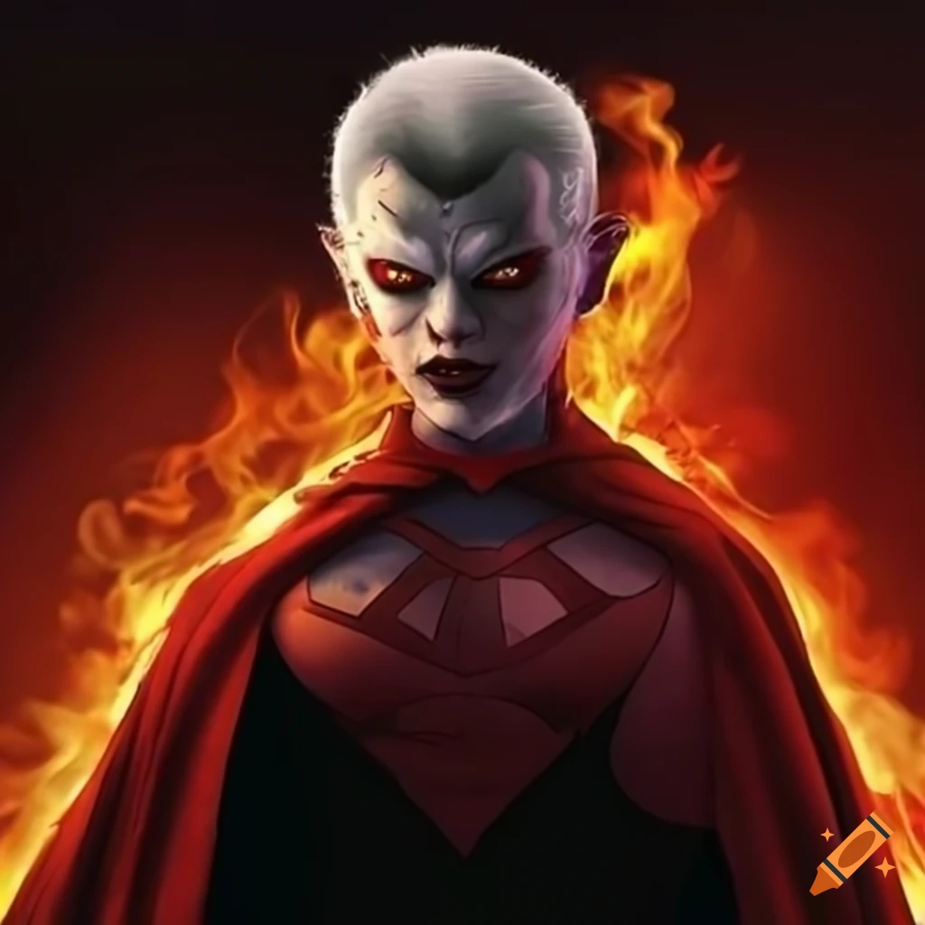 Vampire superhero landing with fiery rainbow