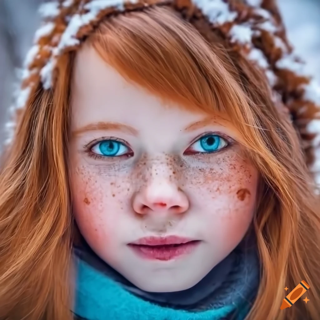 Portrait of a freckled redhead girl in winter on Craiyon