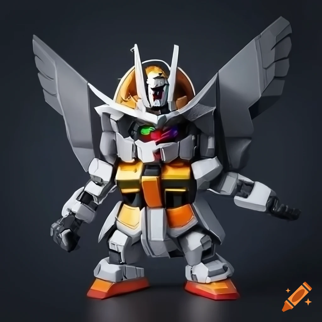 Chibi gundam robot in black and orange armor on Craiyon