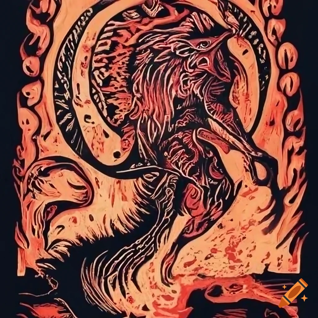 Linocut of guland the hyena demon on Craiyon