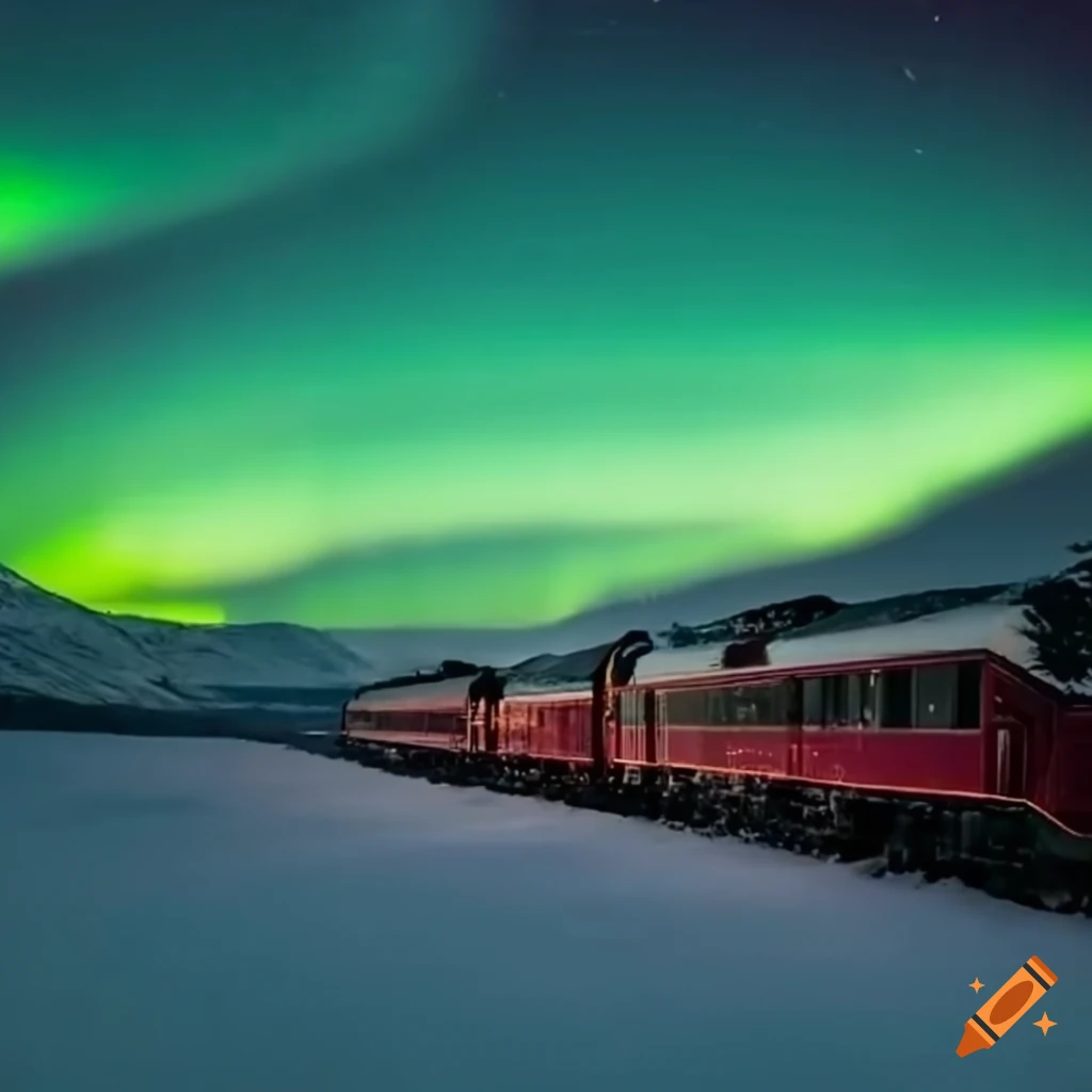 Train journey through snowy mountains with northern lights on Craiyon