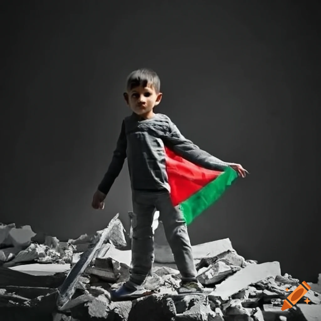 Palestinian boy standing on rubble, waving flag on Craiyon