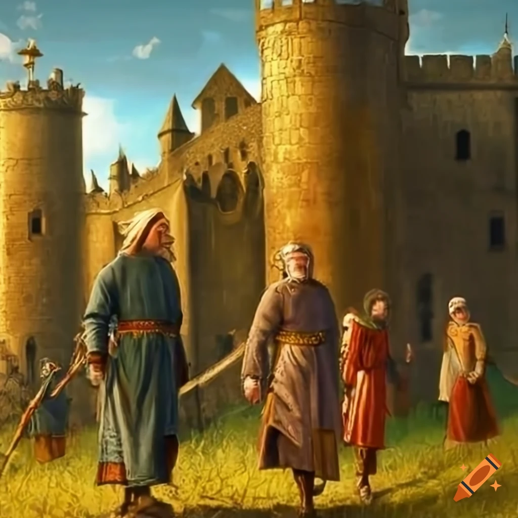 Medieval retinues walking through a bright scenery on Craiyon