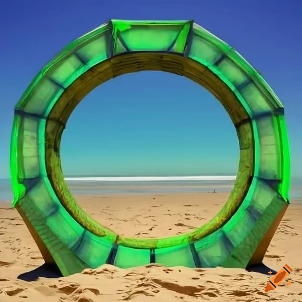 A green colored stargate standing in the middle of a beach with a ...