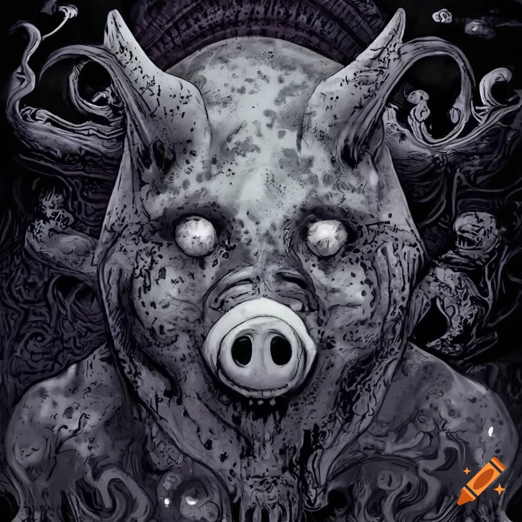 Monochrome psychedelic art of a ghostly pig demon