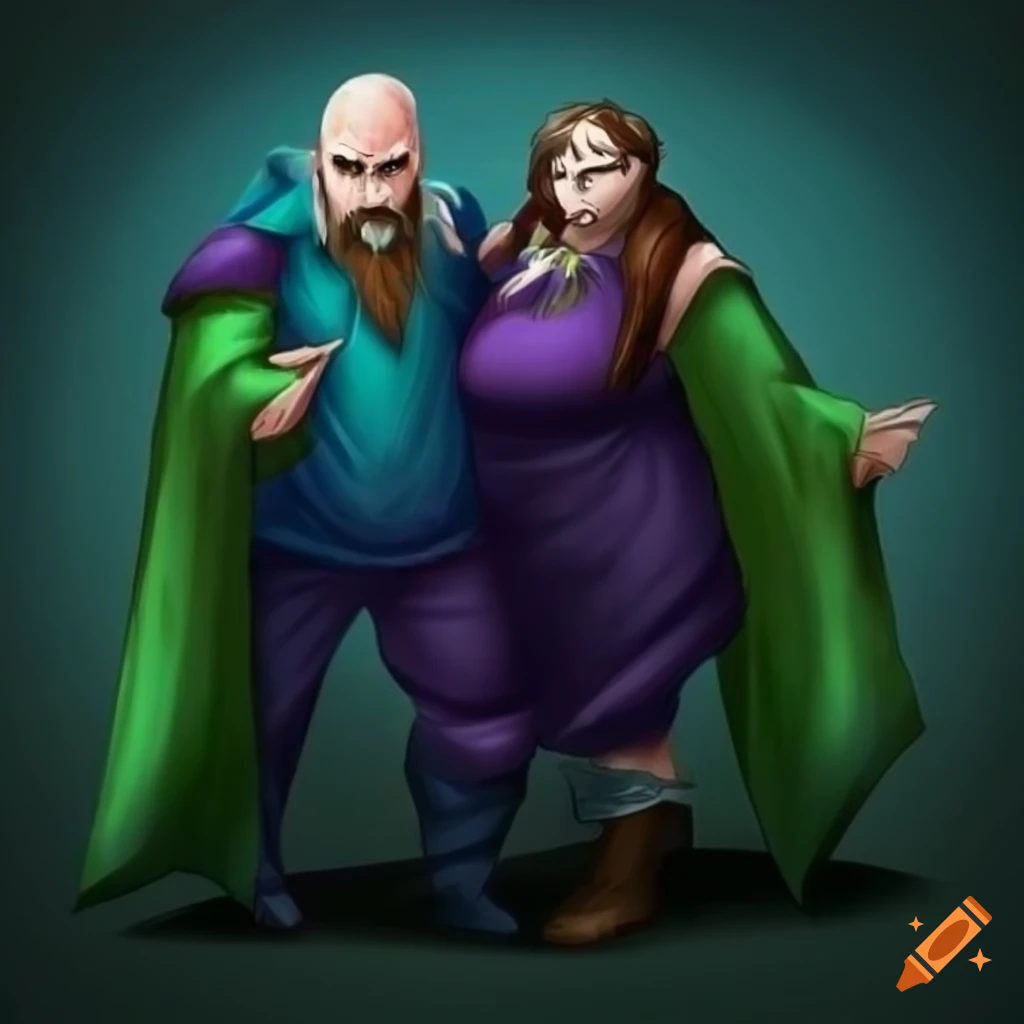 Illustration of a fat sorceress and a bald wizard couple on Craiyon