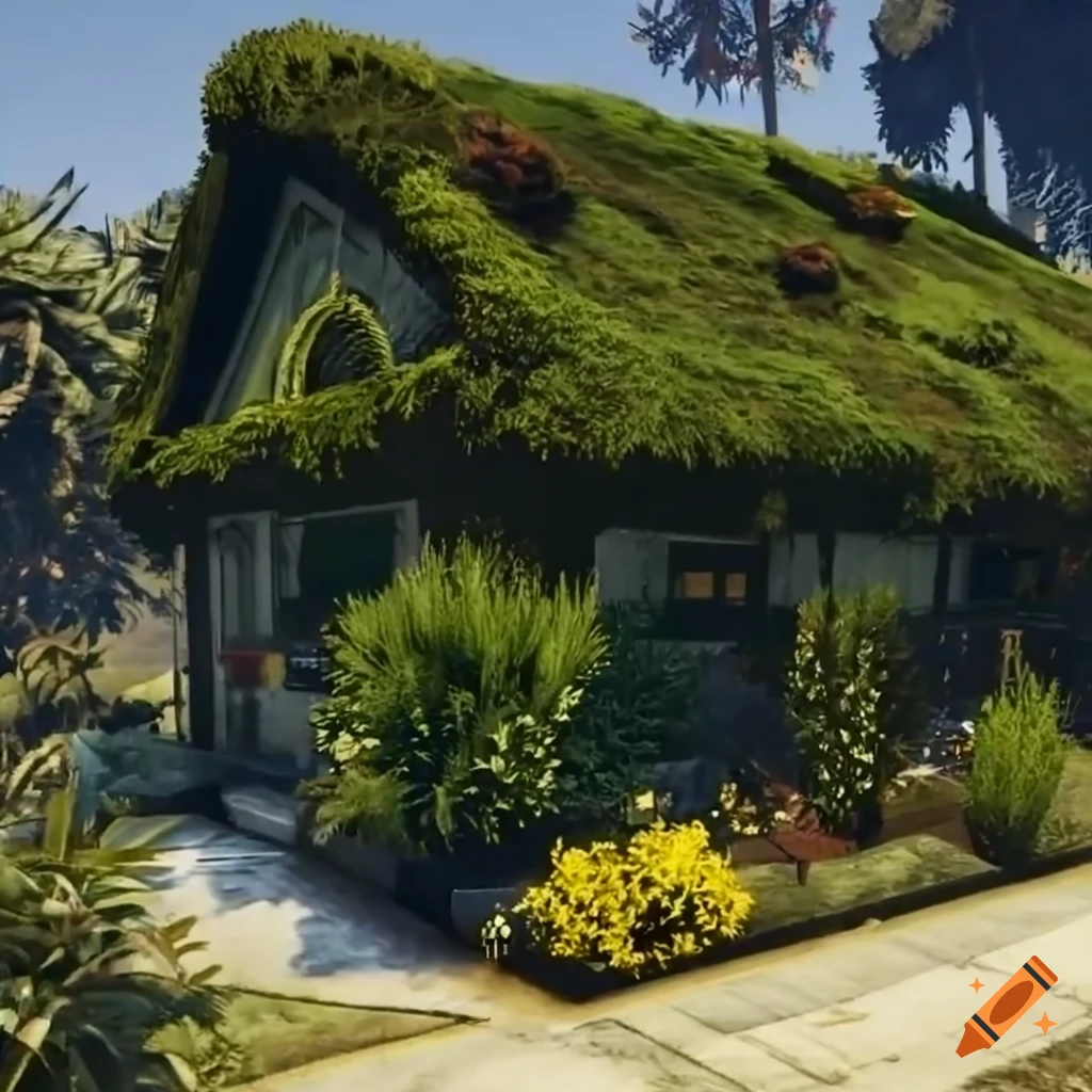 Mossy house with plants and flowers in gta v on Craiyon