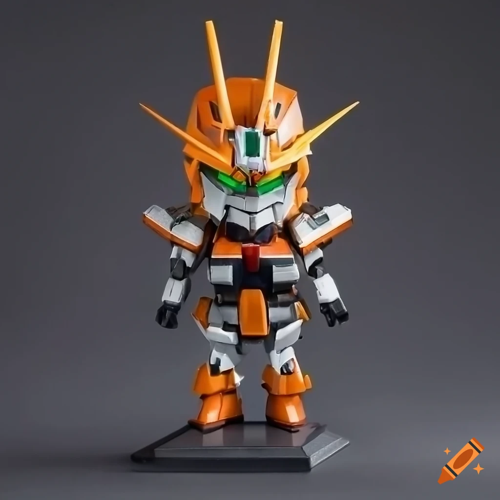 Chibi gundam robot in black and orange armor