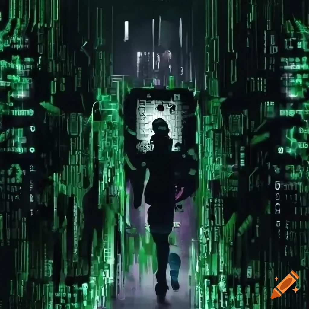 Dark poster of people running in a cyber world with vegetation on Craiyon