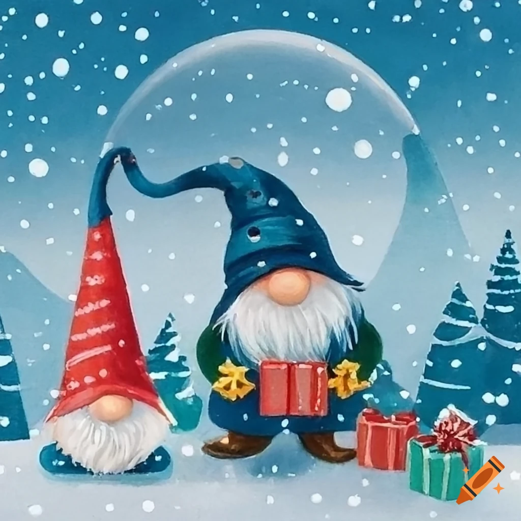 Cute gnomes surrounded by butterflies in winter colors on Craiyon