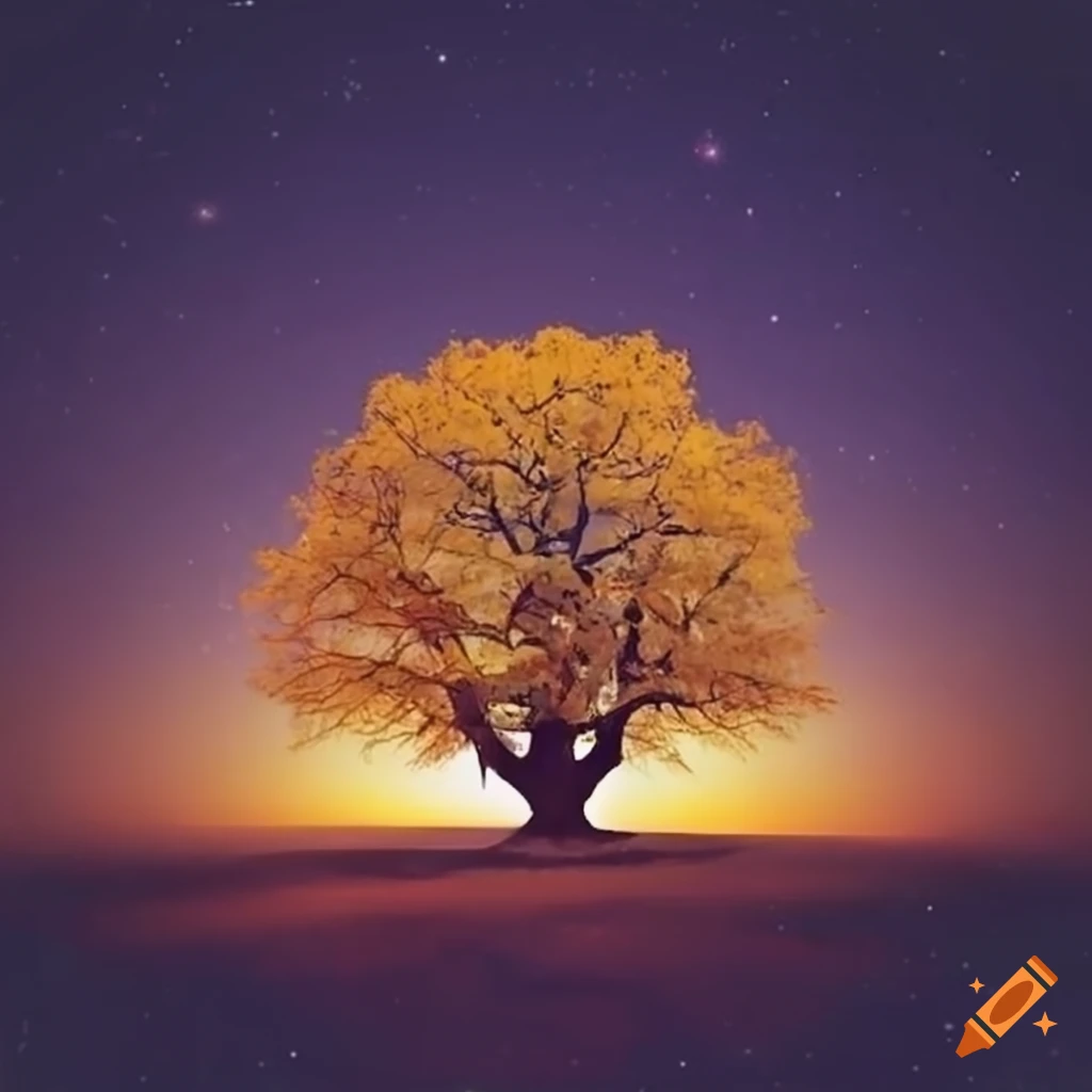 A tree standing in outer space with rainbow leaves with stars around ...