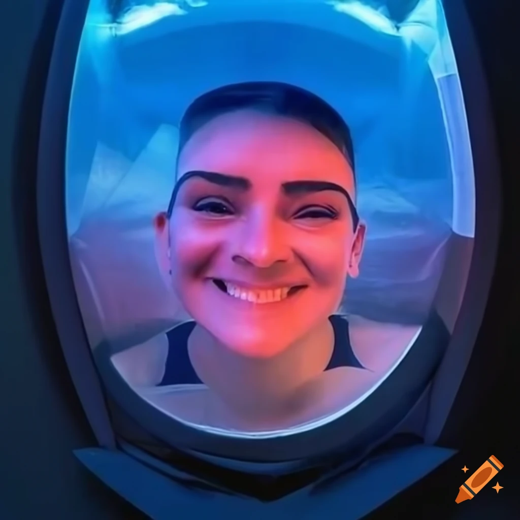 Person using virtual reality pod with holographic projections