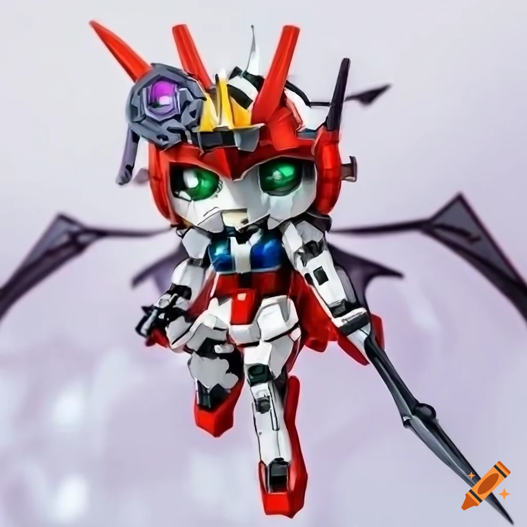 Cute anime girl robot with bat wings and forked tail