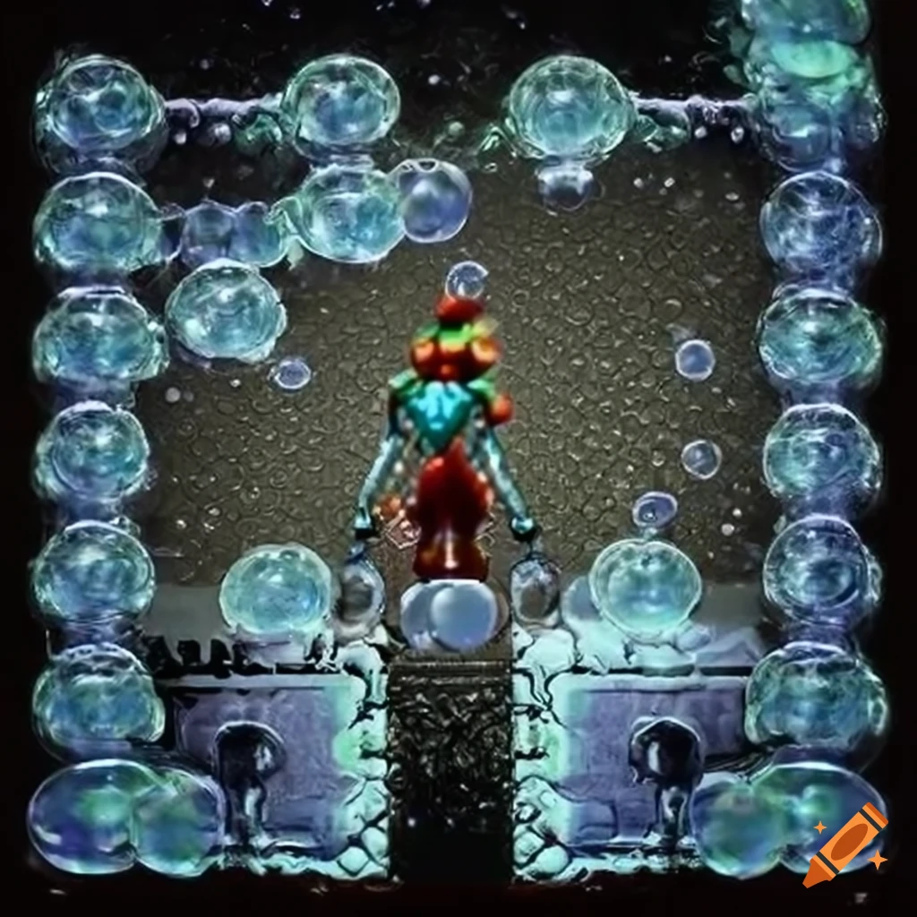 2d metroid game with hanging glass bubble platforms
