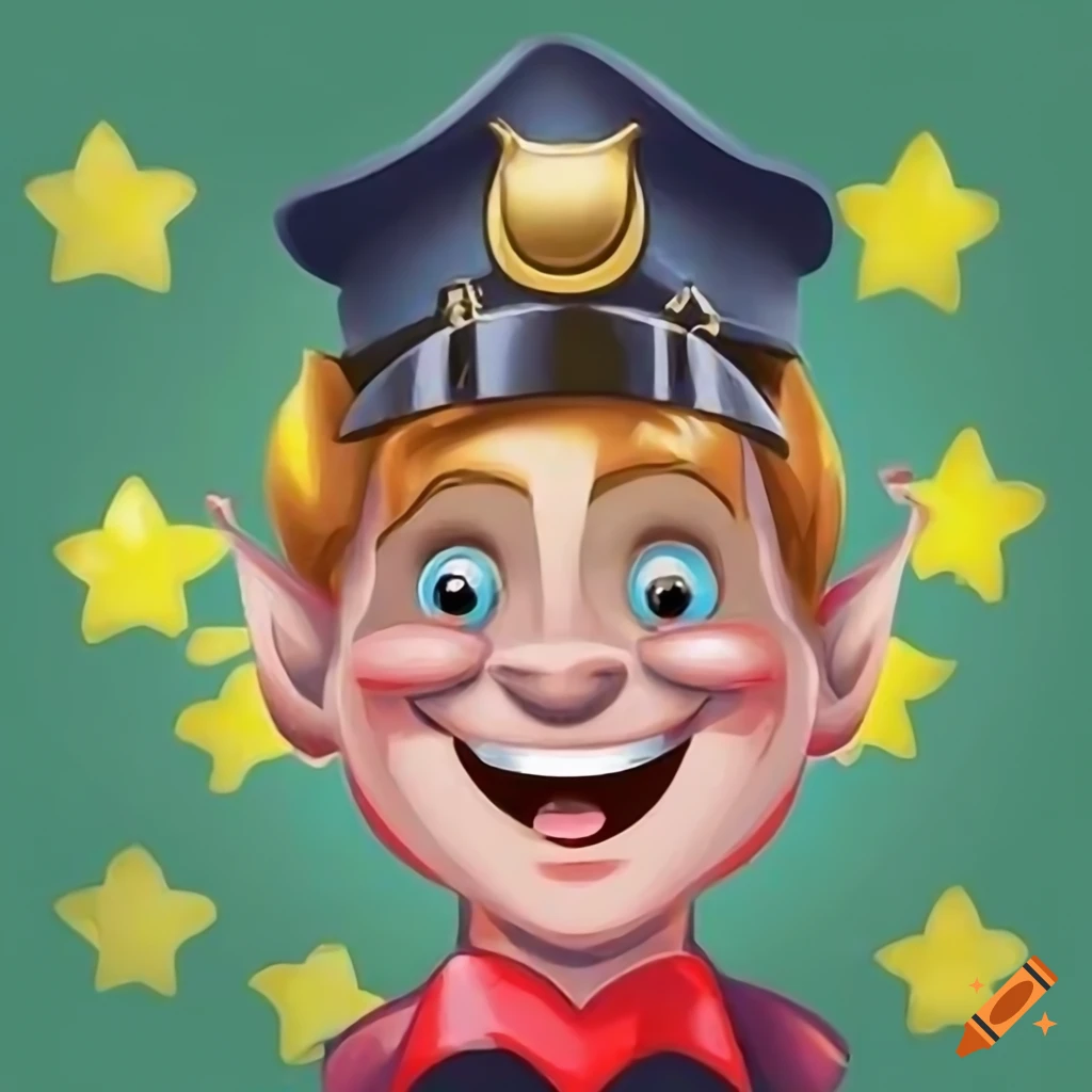 Cartoon elf with golden stars celebrating victory