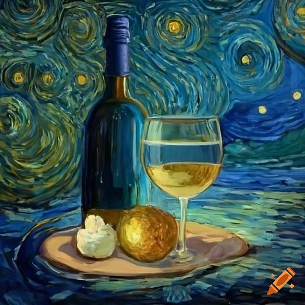 Nature scene with a glass of red wine in a painting by van gogh on Craiyon