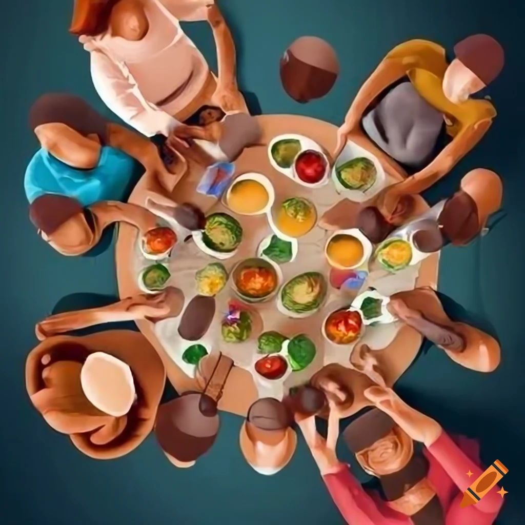 Poster featuring people sharing a diverse meal on Craiyon