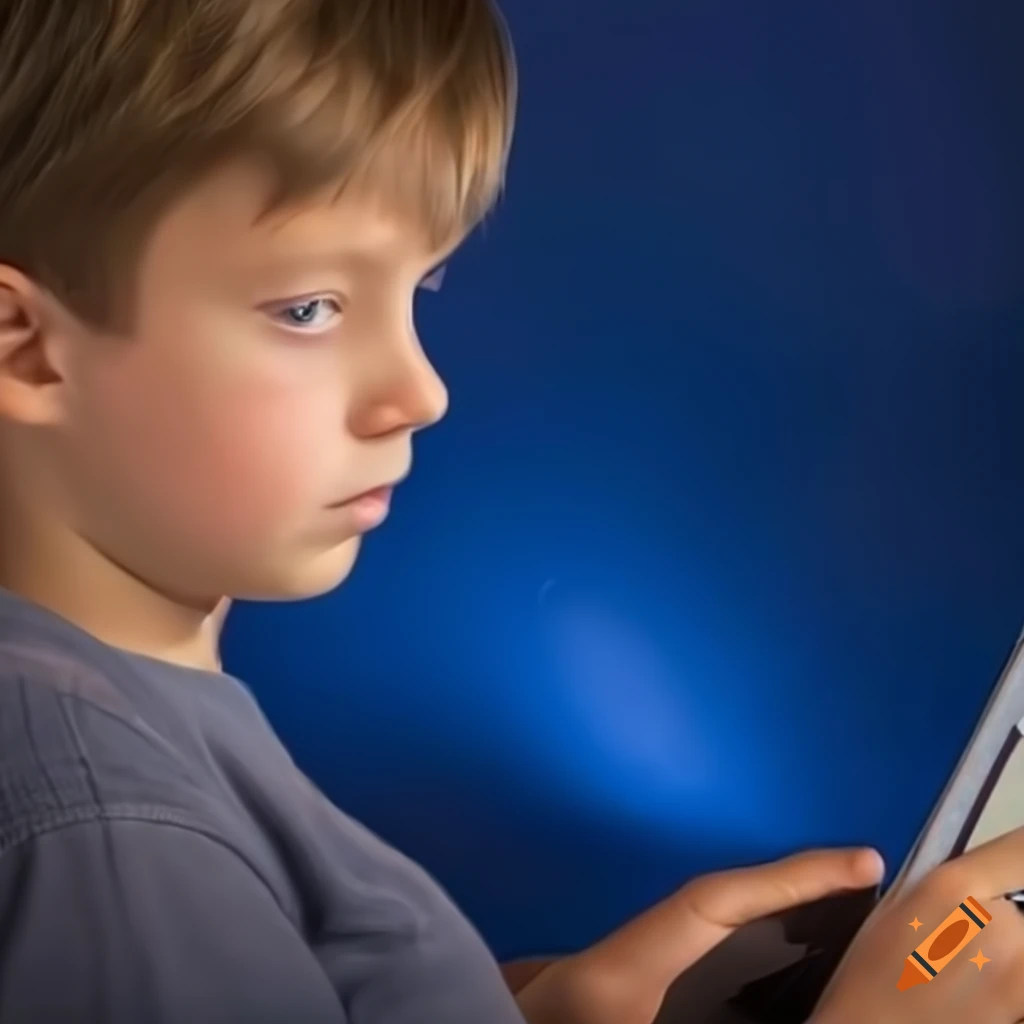 Photo of a boy with blue eyes reading on a tablet on Craiyon